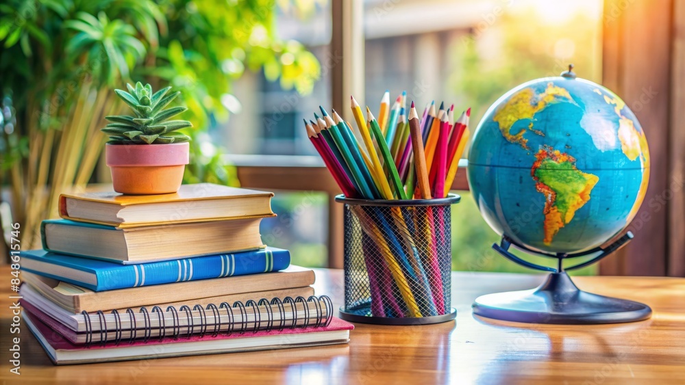 A colorful desk setup with a stack of fresh notebooks, pens, pencils ...