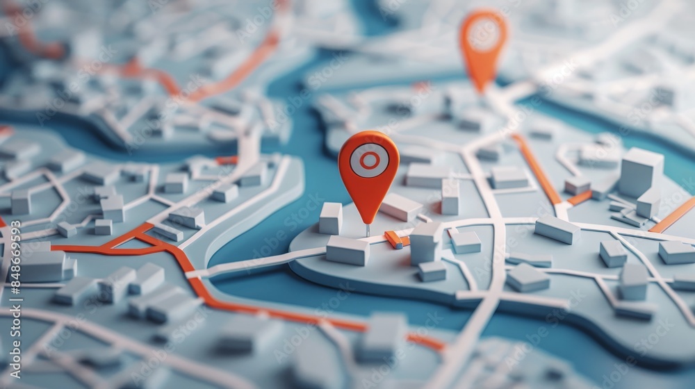 3D vector illustration of a detailed map, featuring emergency shelters ...