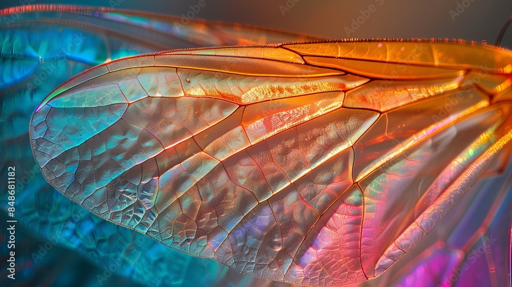 Macro photograph of a fly's wings, highlighting the delicate veins and ...