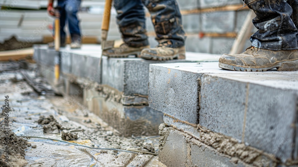 Detailed view of concrete block installation, builders using tools to ...
