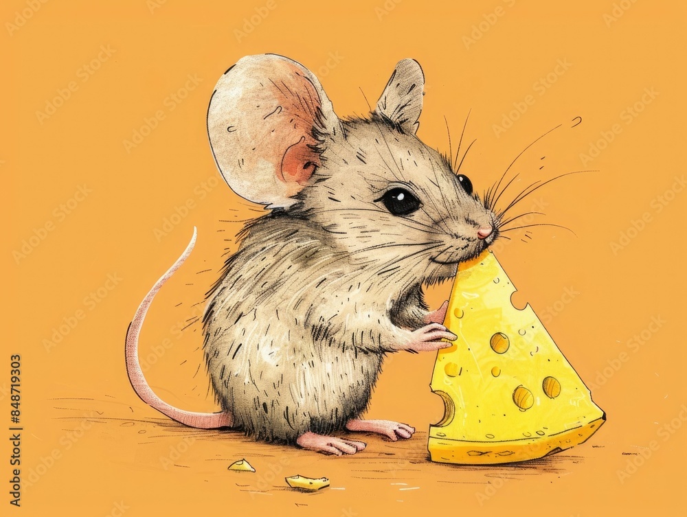 Adorable line drawing of a small mouse nibbling on a piece of cheese ...