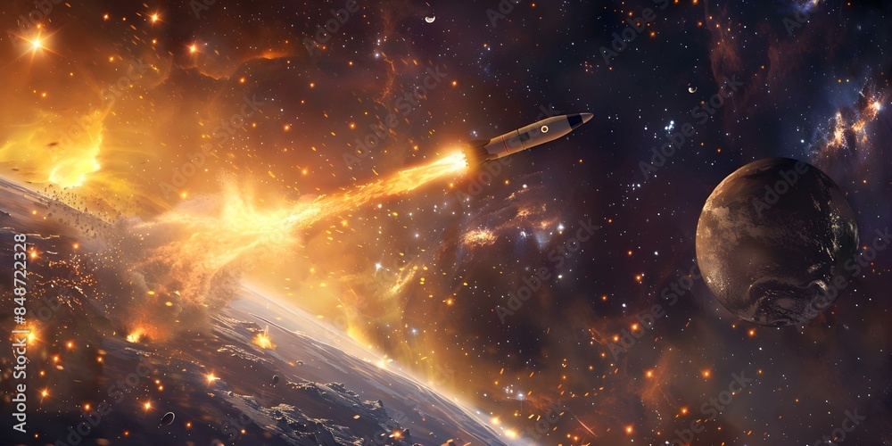 Rocket fleeing exploding planet in cosmic space scene with stars and ...