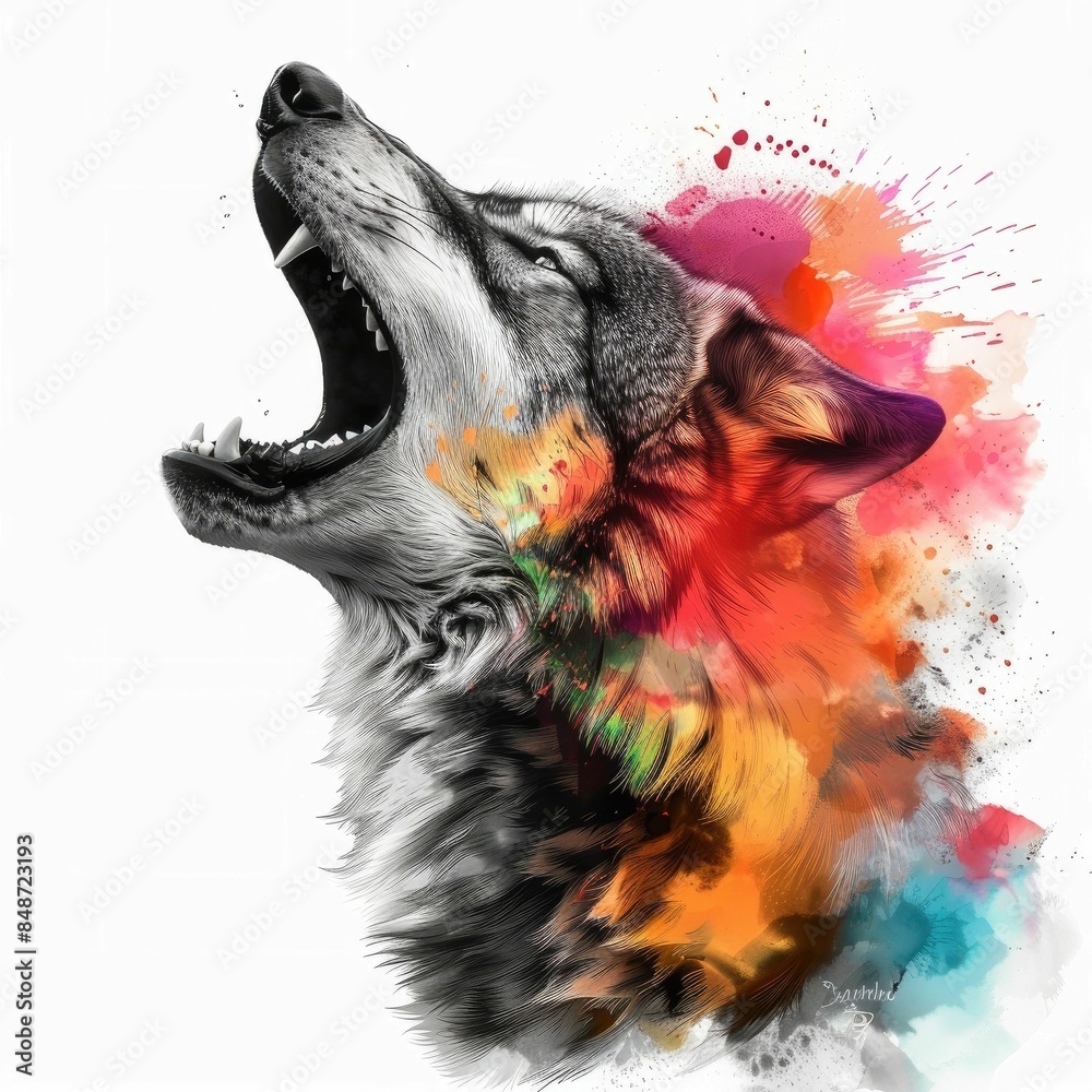 Monochrome wolf howling with a vibrant color explosion bursting from ...
