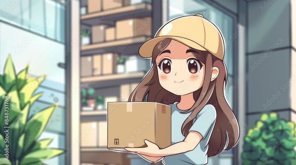 of a cute chibi style delivery woman carrying a cardboard package box ...