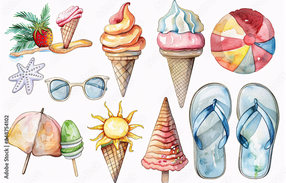 Watercolor summer set with sun icons, ice cream cones, flip-flops ...