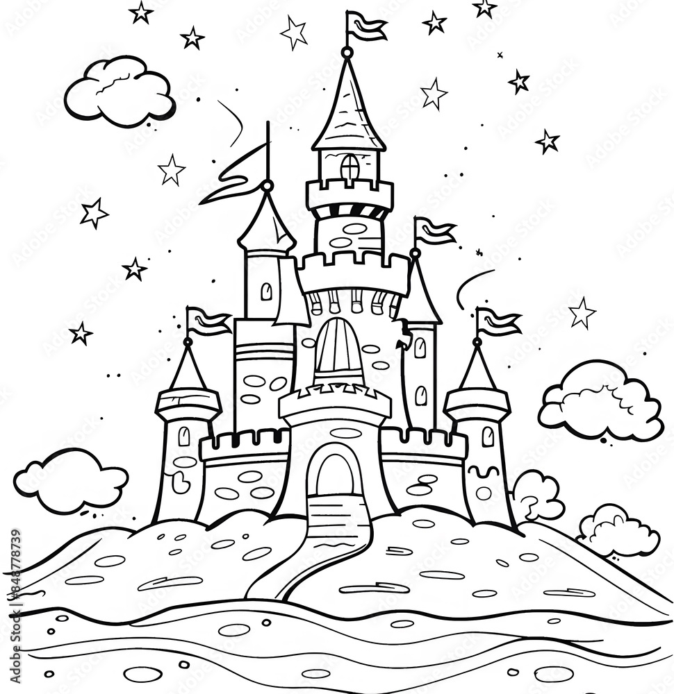 black and white vector line drawing illustration ,sandcastle with stars ...
