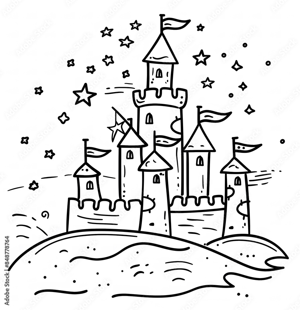 black and white vector line drawing illustration ,sandcastle with stars ...