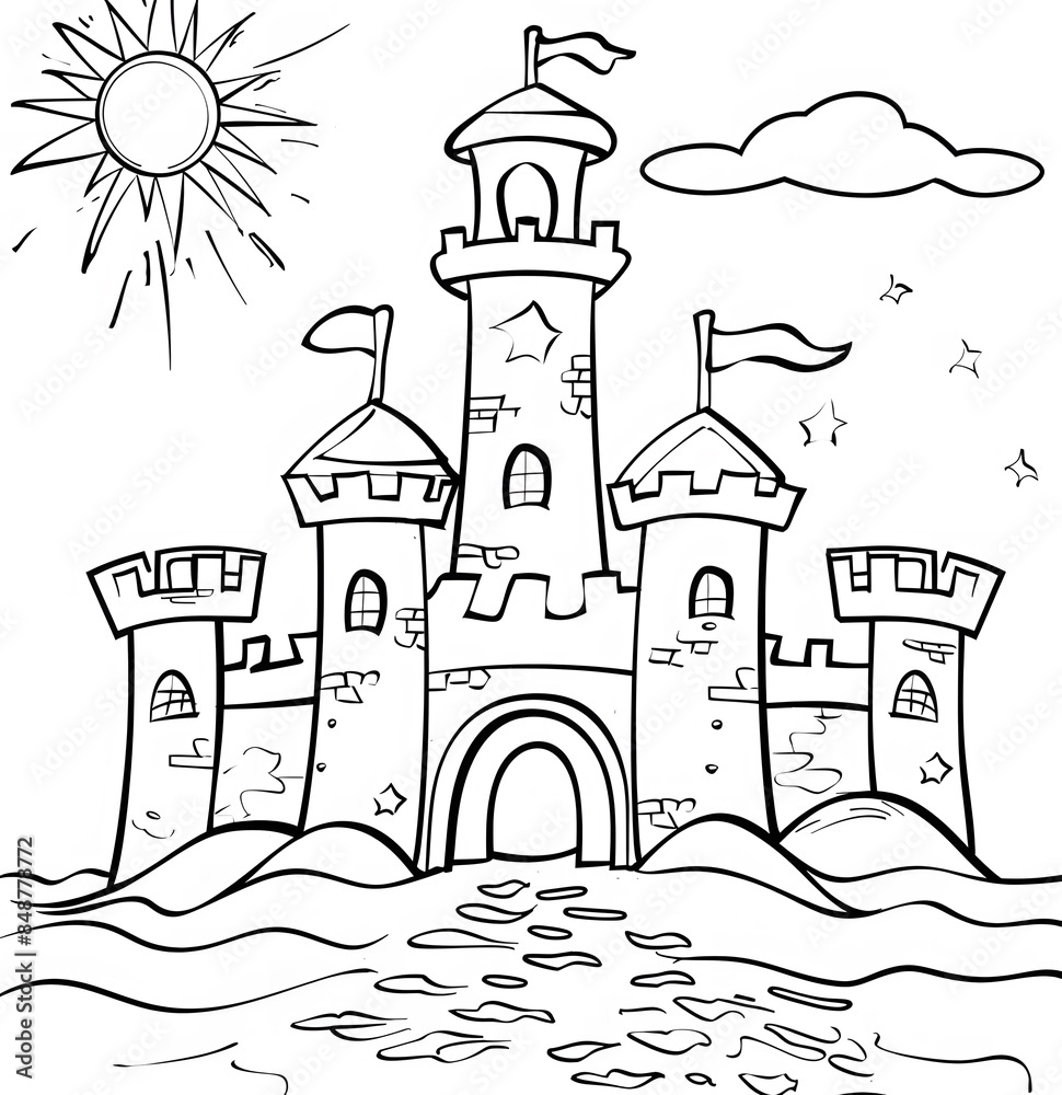 black and white vector line drawing illustration ,sandcastle with stars ...