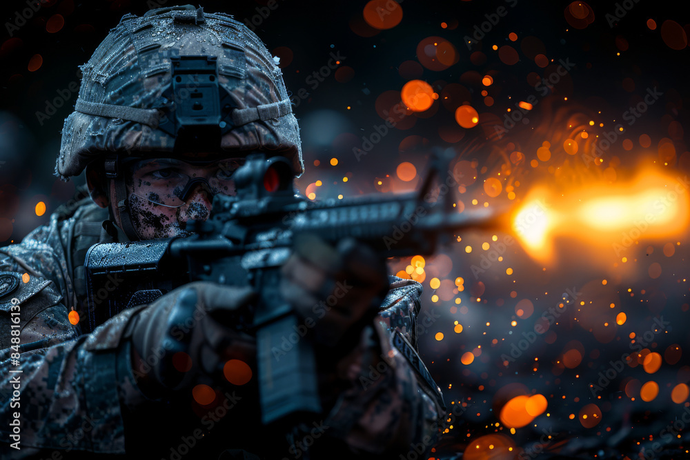 Modern war. A special forces soldier shoots in combat, a soldier in a ...