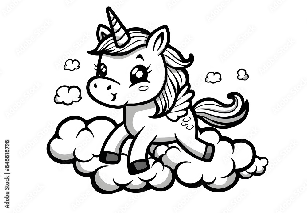 Cute unicorn jumping among clouds, simple line art coloring page for ...