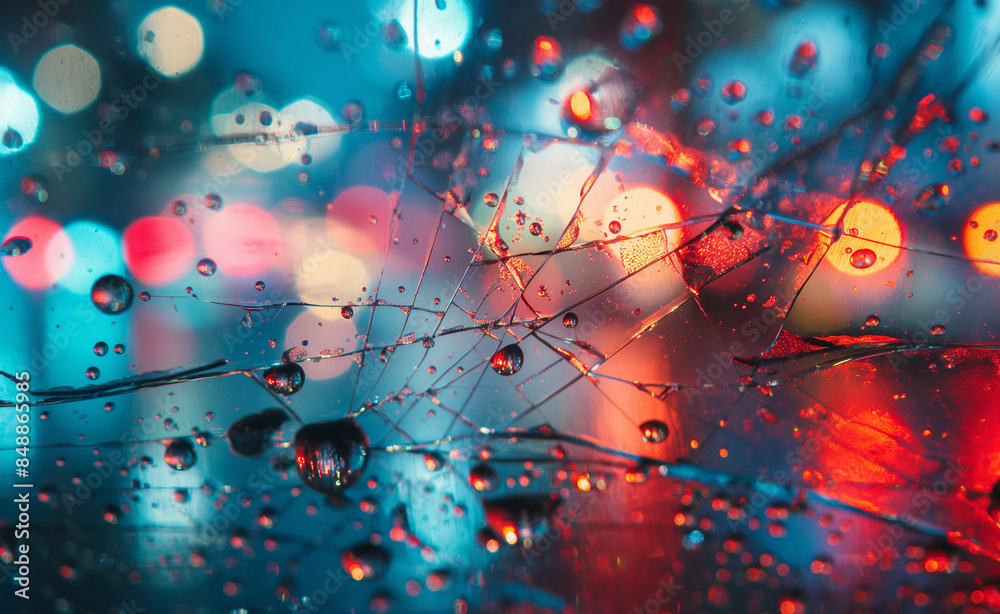 Shattered glass window with raindrops and blurred city lights in the ...
