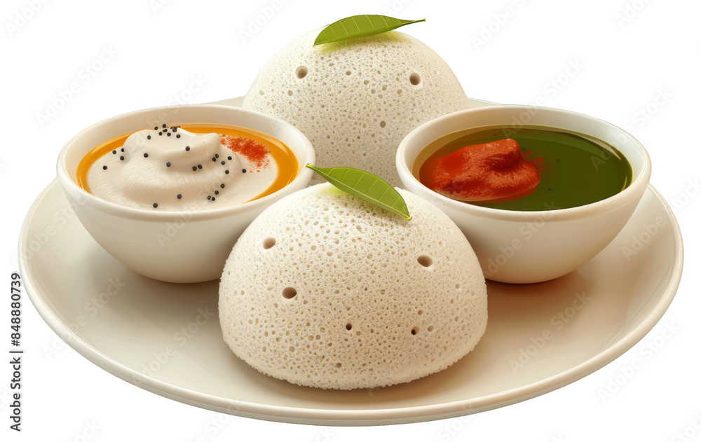 idli chutney, Two steamed rice cakes with three dipping sauces. A ...
