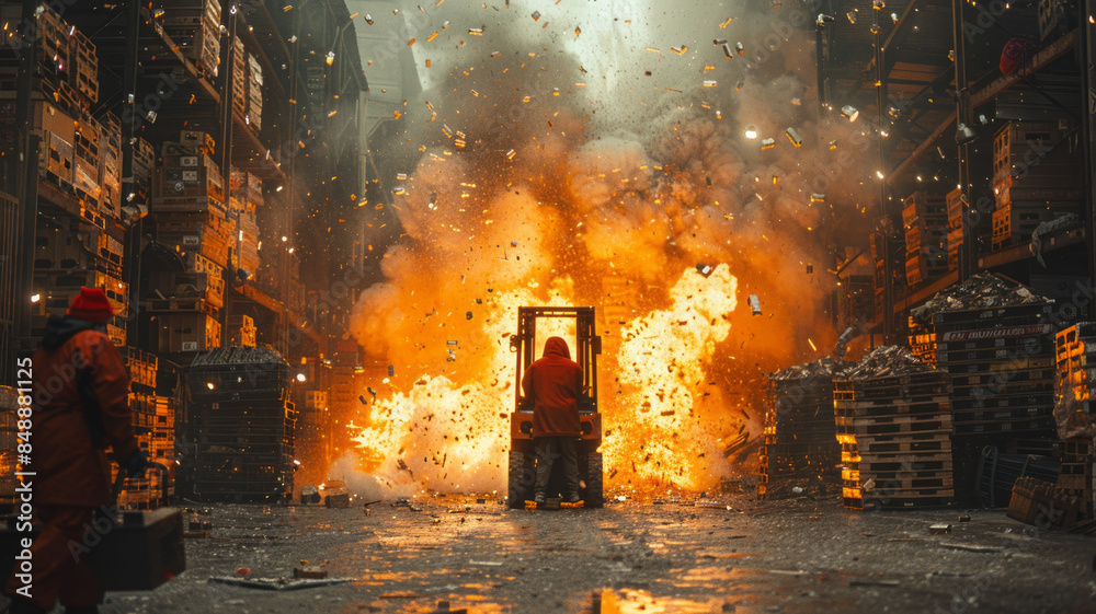 Overweight man with neckbeard falls from a forklift truck into a stack ...