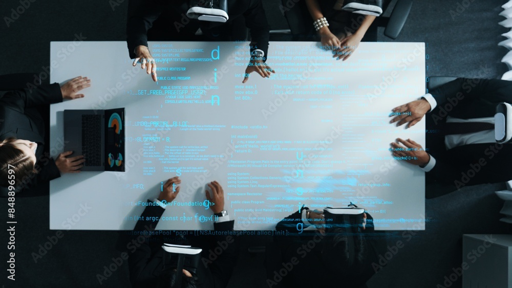 Top down aerial view of manager using laptop send data analysis while ...