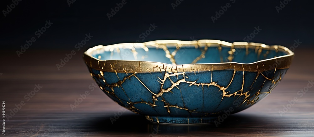 Ancient Japanese pottery bowl with gold filled cracks using the antique Kintsugi restoration ...