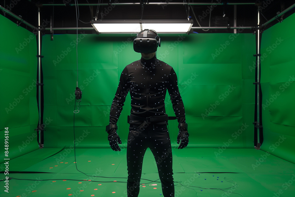 A virtual reality character stands confidently in front of a green ...
