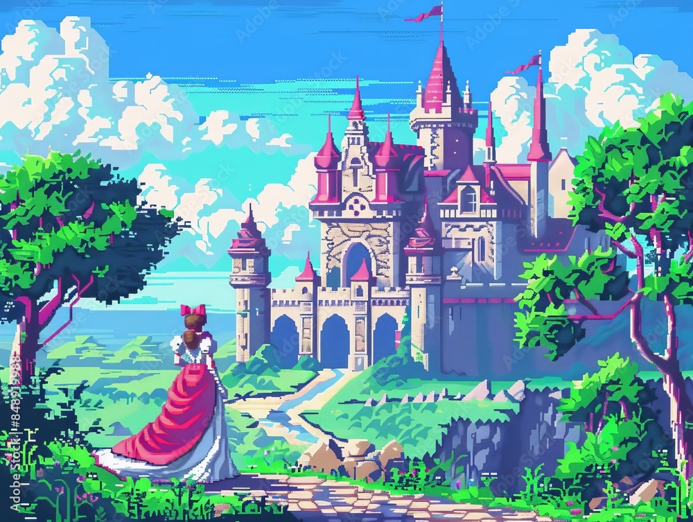 8bit princess, castle background, pixel art style, vibrant colors ...
