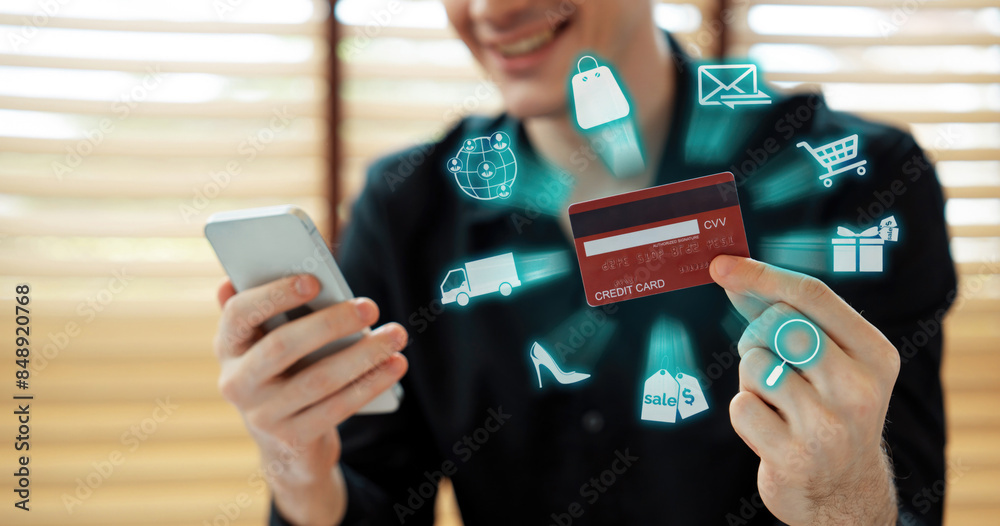 Elegant customer wear black shirt holding credit card choosing online ...