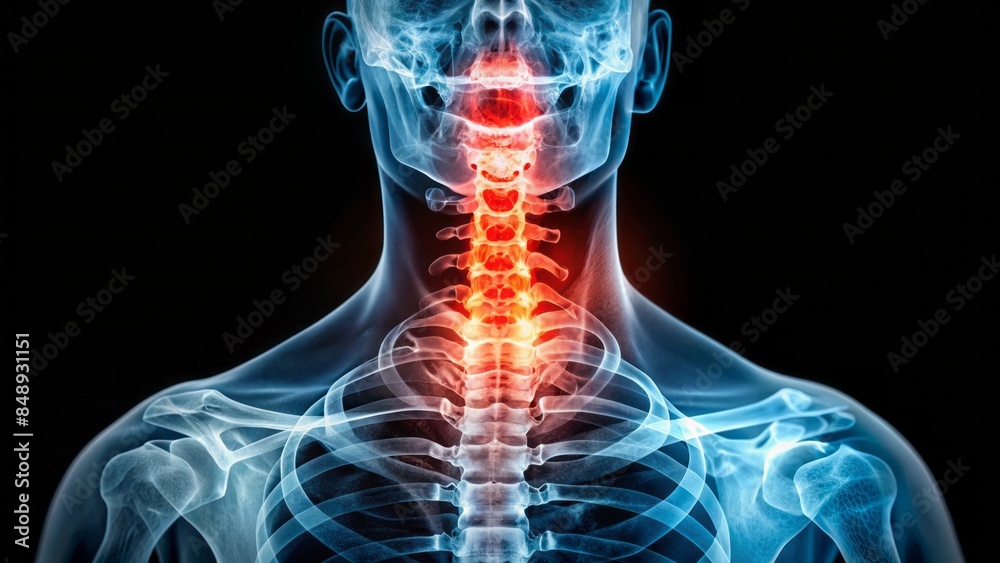 Ilustrace X-ray image of the cervical spine revealing severe scoliosis ...