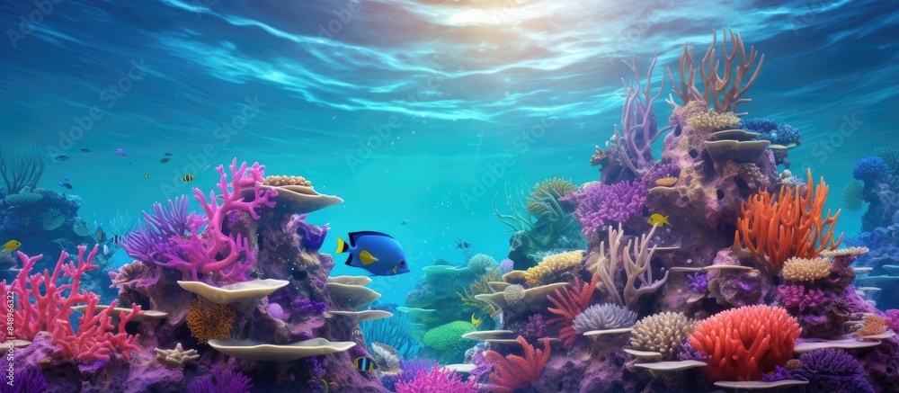 Underwater ocean coral reef scene with a sea world as the backdrop and ...