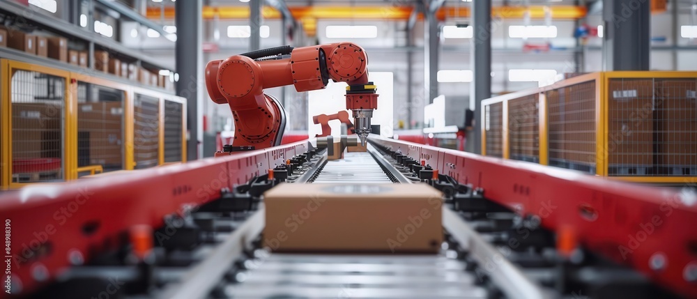 Automated robotic arm sorting packages on conveyor belt in modern ...