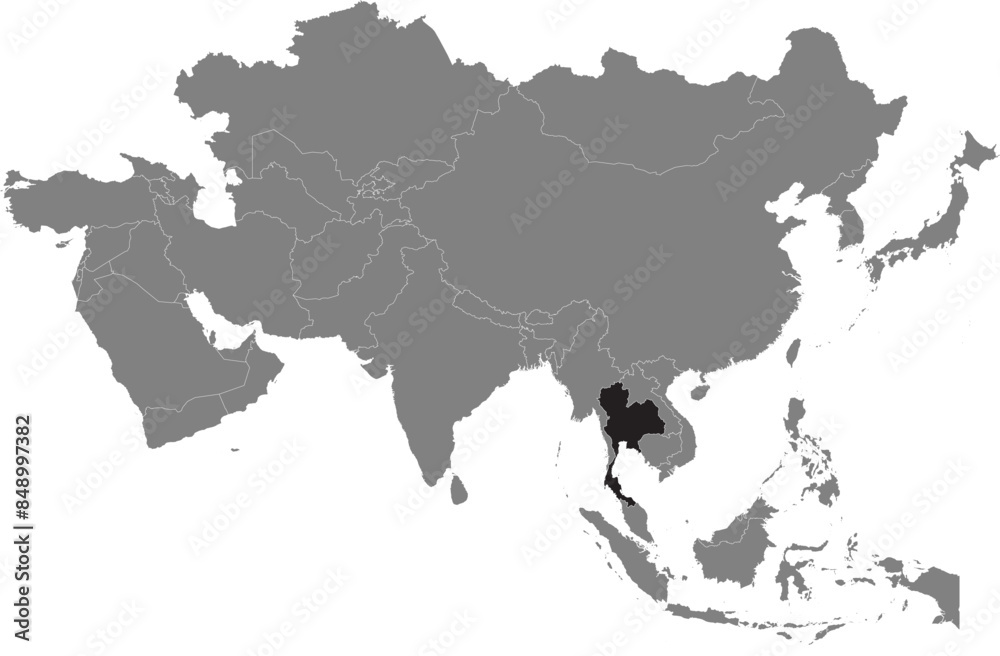 Highlighted black map of THAILAND inside dark grey detailed blank ...