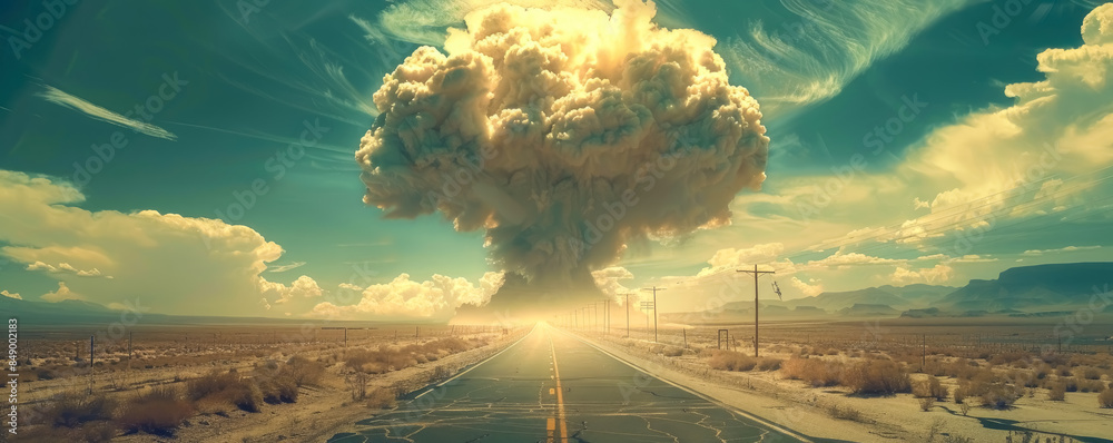 A nuclear explosion over a deserted highway, abandoned cars scattered ...