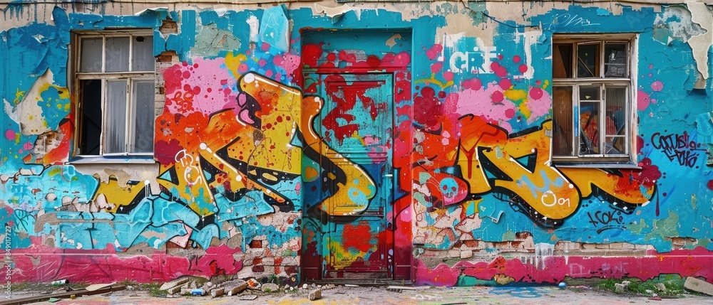 Graffiti letters and characters on a dilapidated building, rich ...