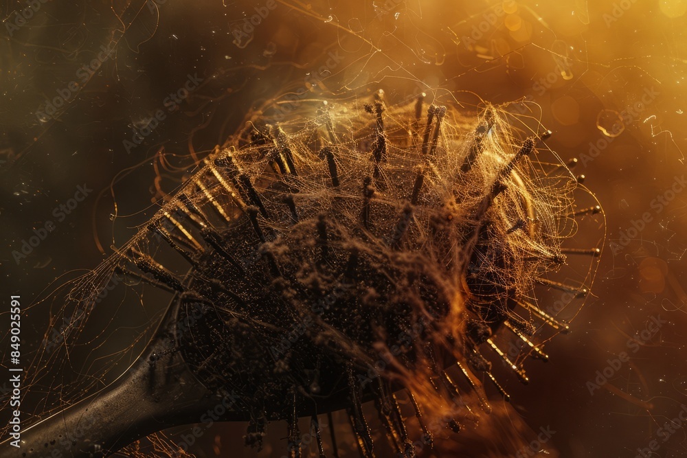 dirty hairbrush tangled with strands of greasy hair, the bristles caked ...