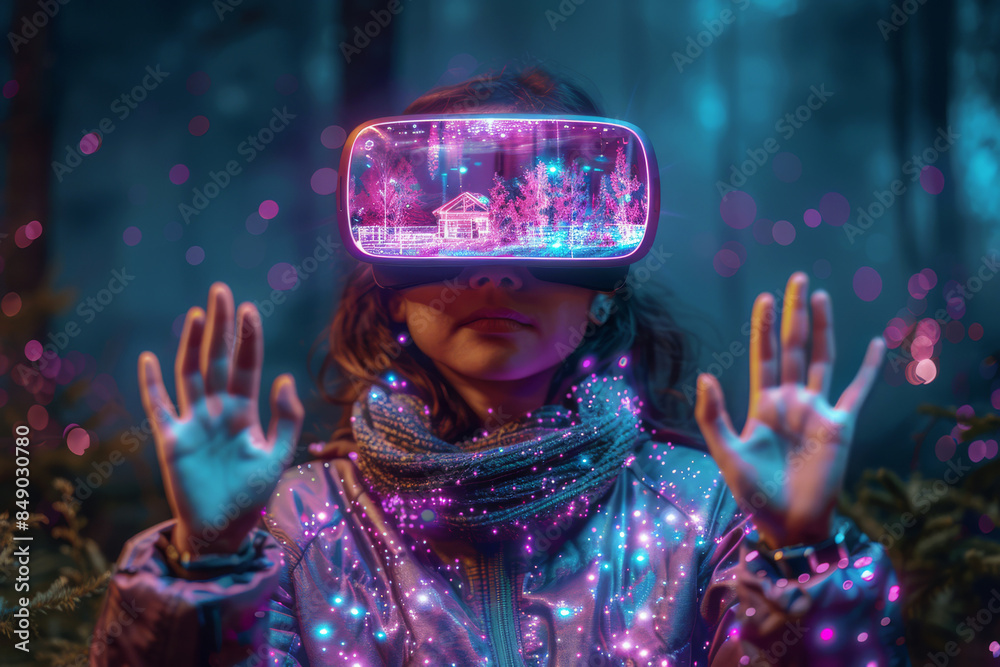 Young girl wears VR glasses and reaches out to touch a holographic ...