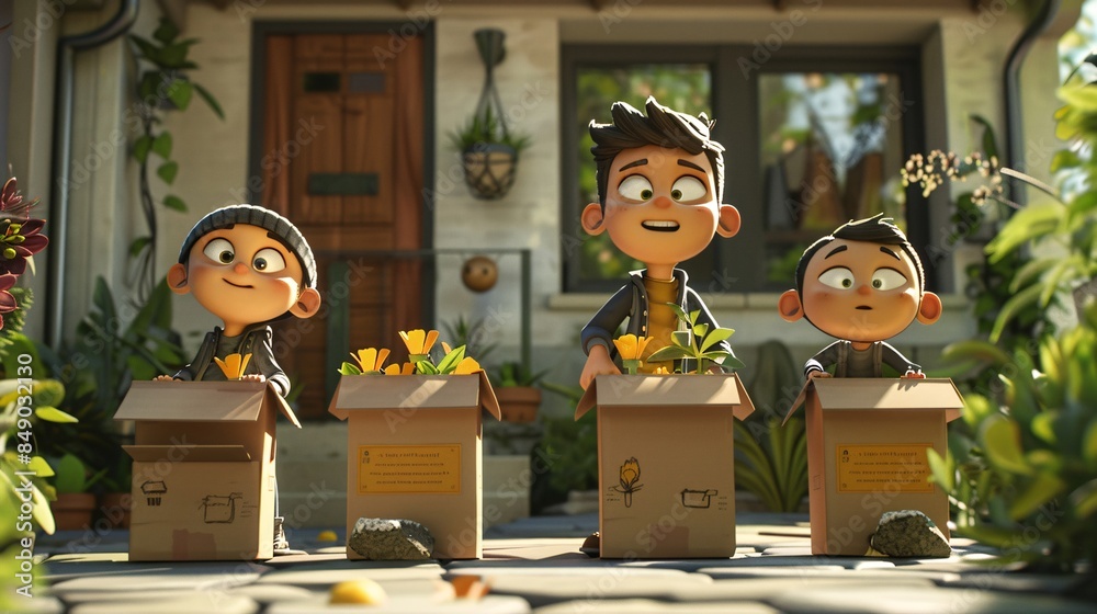 3D animated characters with donation boxes and charity banners ...