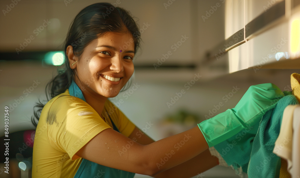 cleaning lady from India wear plastic gloves and uniform and cleaning ...