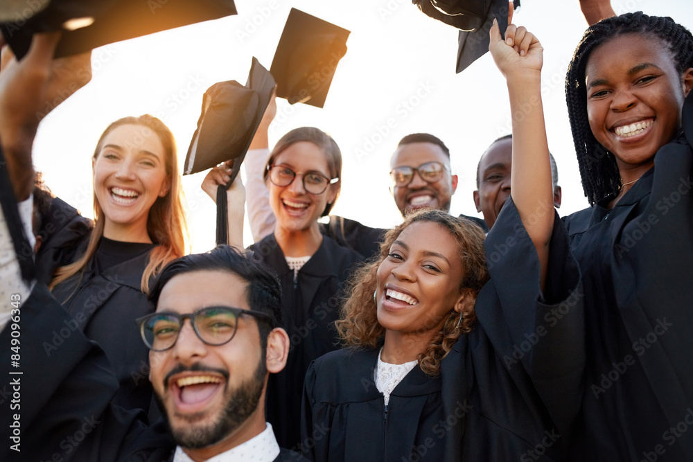 Group, students and diversity at college graduation, happiness for ...