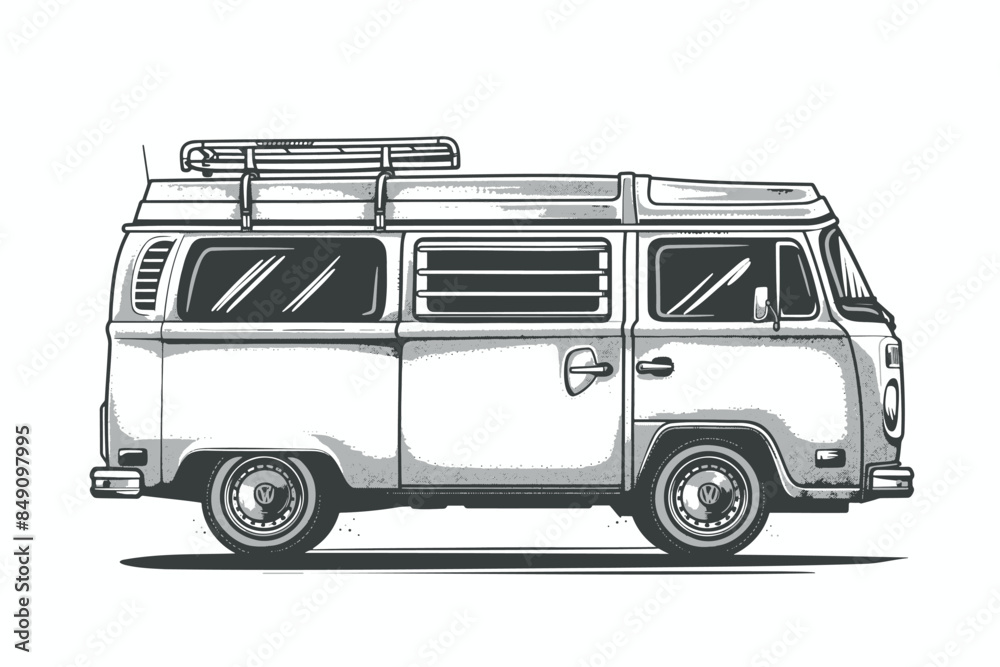 hippie van, vintage surf bus. Simple vector black and white drawing ...