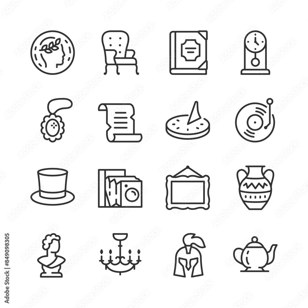 Vintage Items, icon set. Classic, historical objects. Antique Coin ...