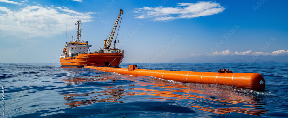 An offshore vessel engaged in an oil spill response exercise, using a ...