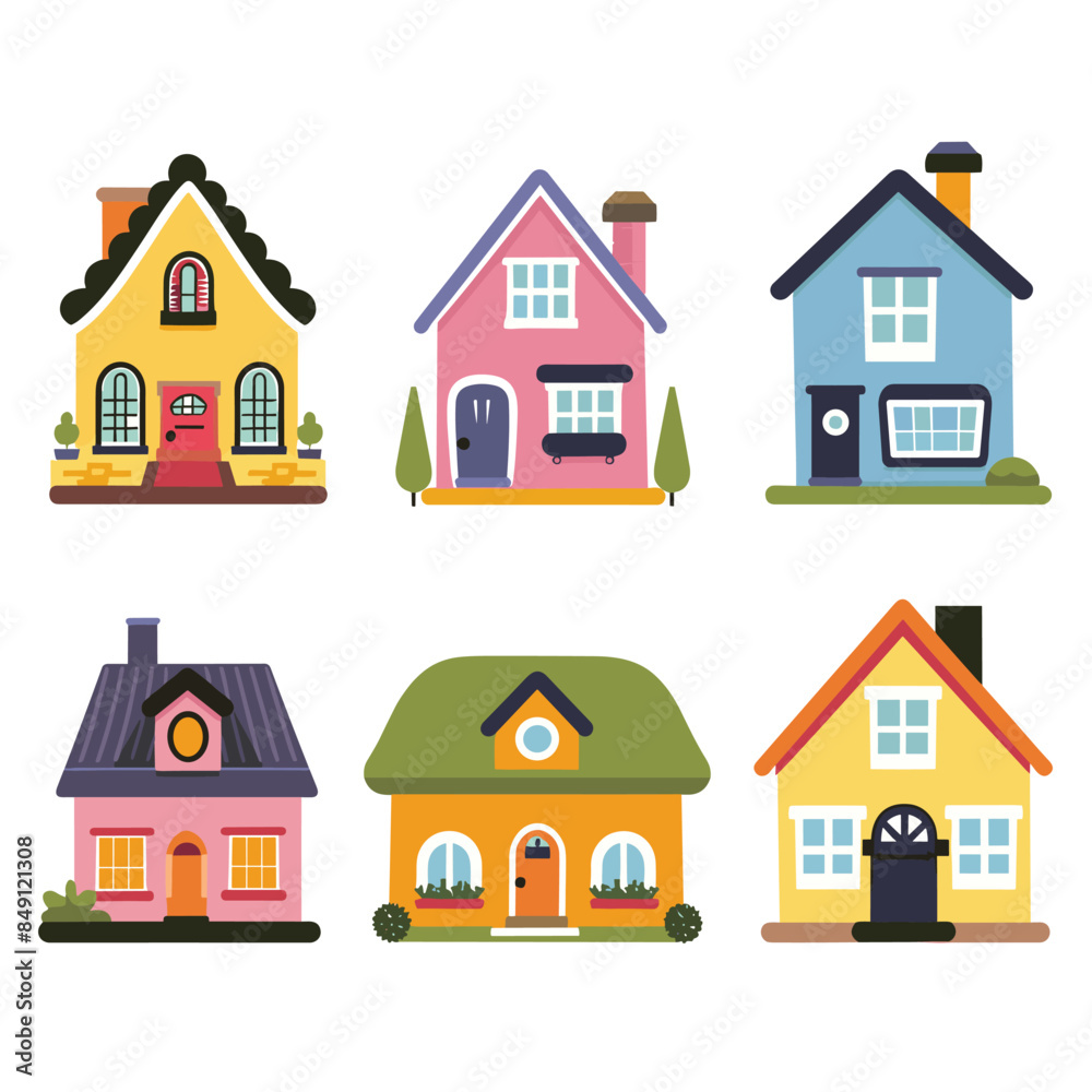 Colorful cartoon houses set, cute residential buildings, urban real ...