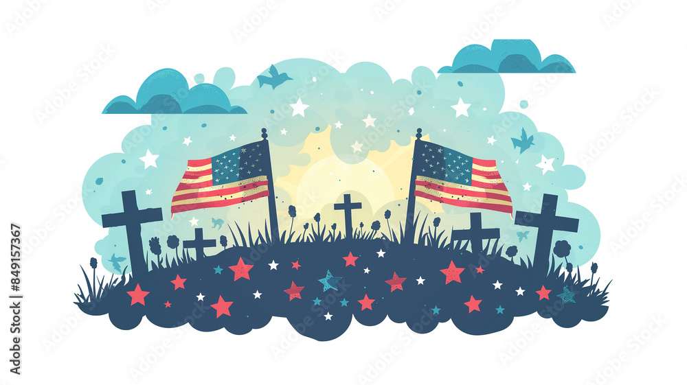 Memorial Day Scene with American Flags and Crosses in Starry Sky ...