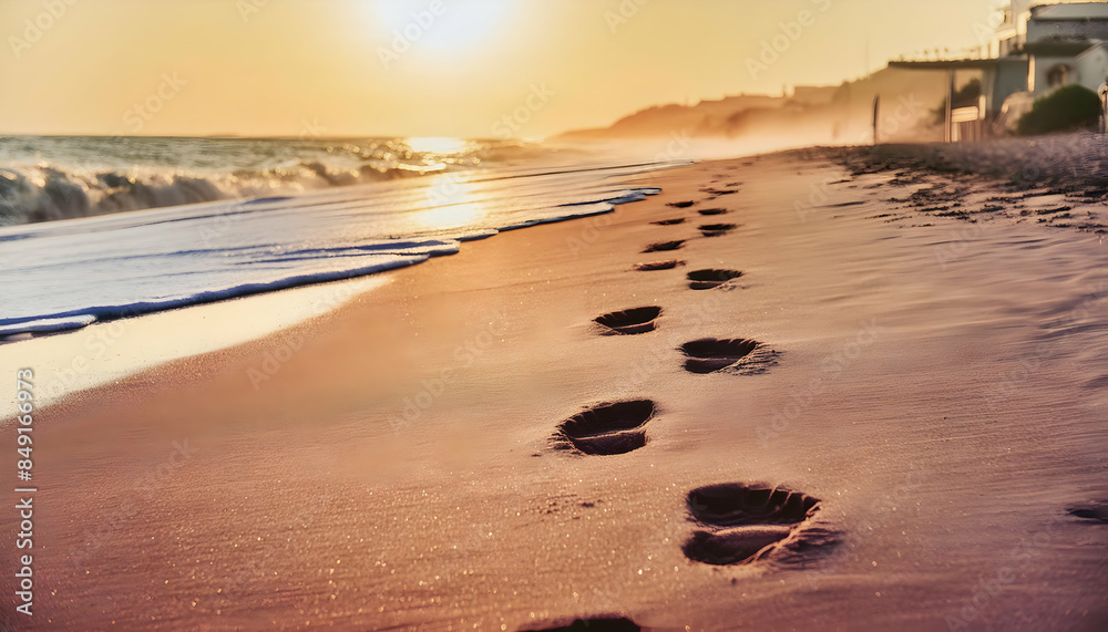 close-up footprints on the beach sand at sunset. Add playful elements ...