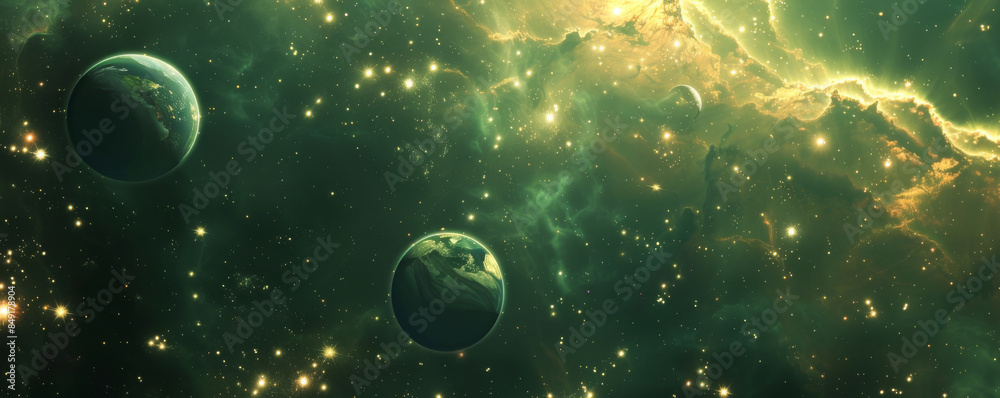 Mystical space background with deep green and gold nebulae, twinkling ...