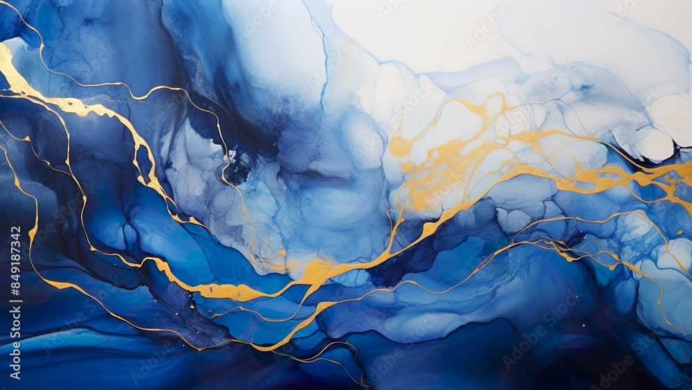 Royal Blue - Flowing Acrylic Pour, Kintsugi Infused Fluid, Golden Flow ...