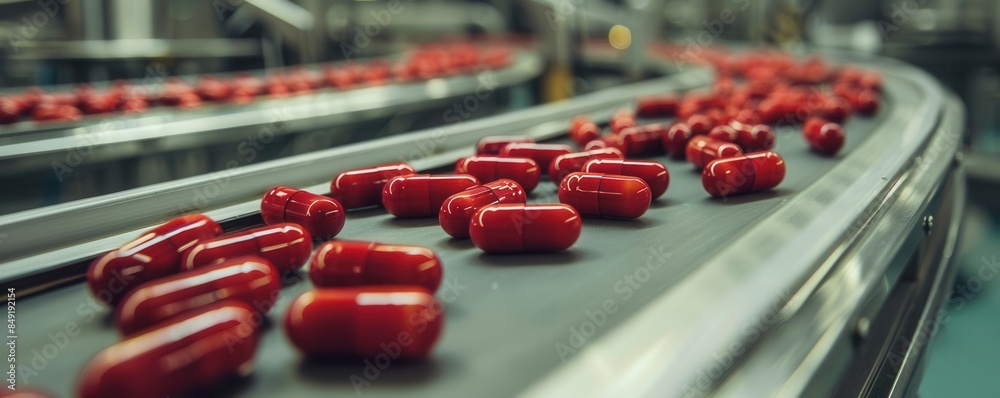Red capsules on production line in pharmaceutical factory. Conveyer ...