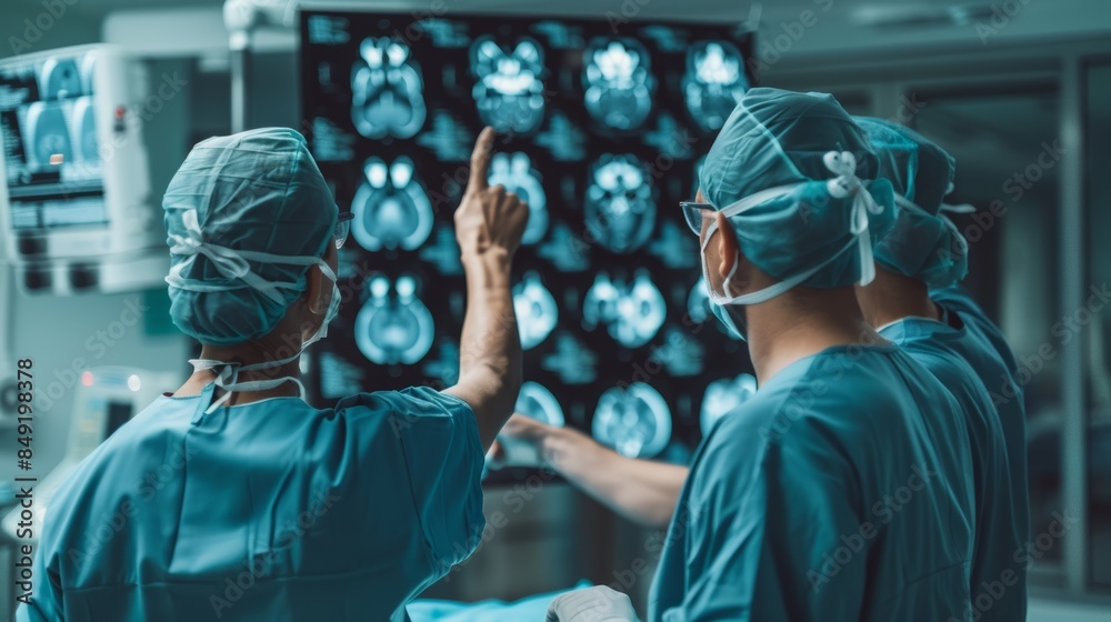 Medical, x-ray, and surgery with doctors planning MRI scan, strategy, or study session ...