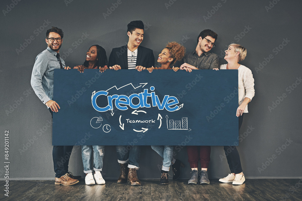 Happy people, creative and team with poster for startup, banner or ...