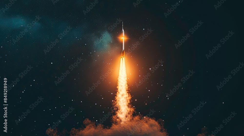 A space rocket launch illuminates the dark blue sky with smoke and ...