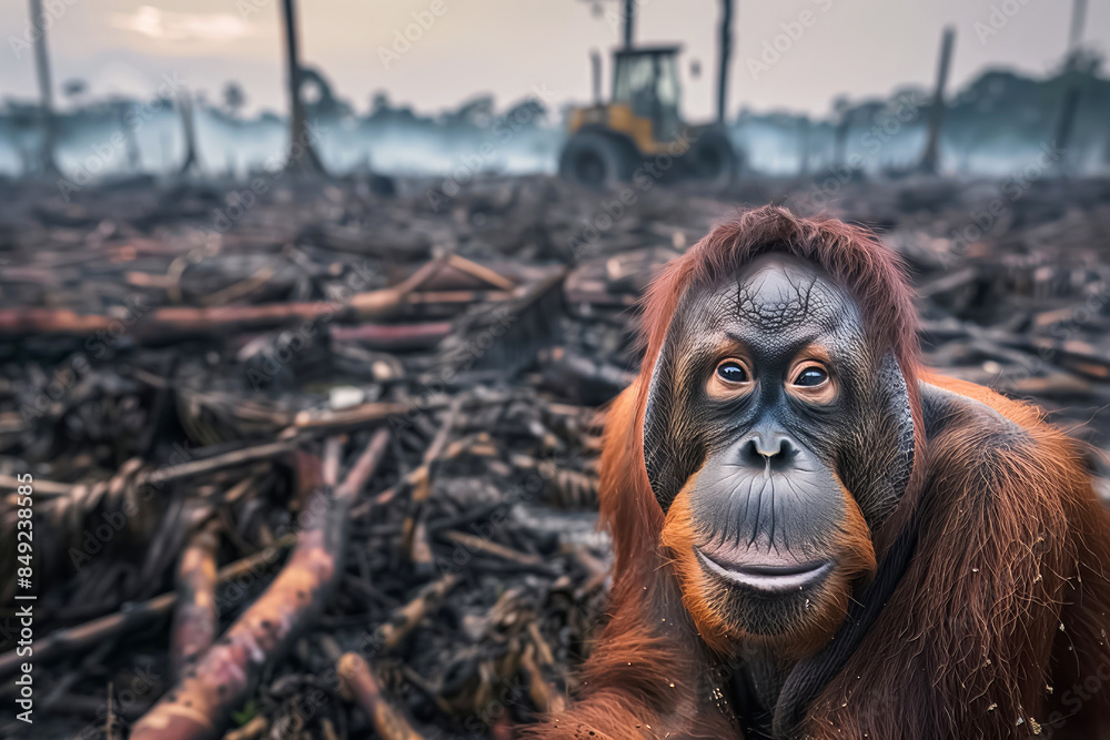 The image of an orangutan in a deforested area illustrates the severe ...
