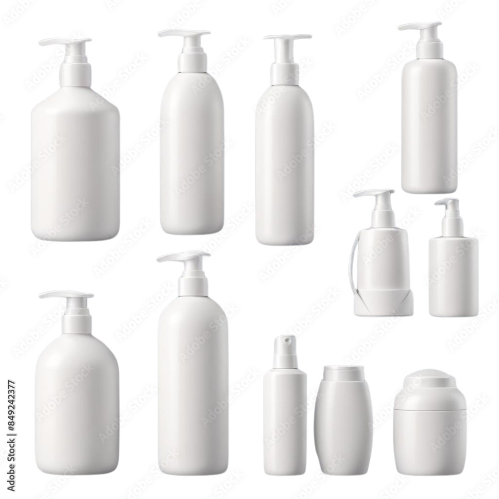 Cosmetic bottle collection. Set of cosmetics package mockup. Soap pump ...