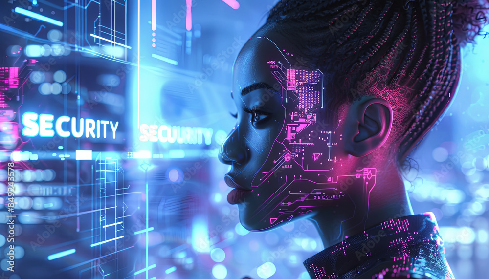 AI cyber hacking concept banner. Black female cyberspace security IT ...
