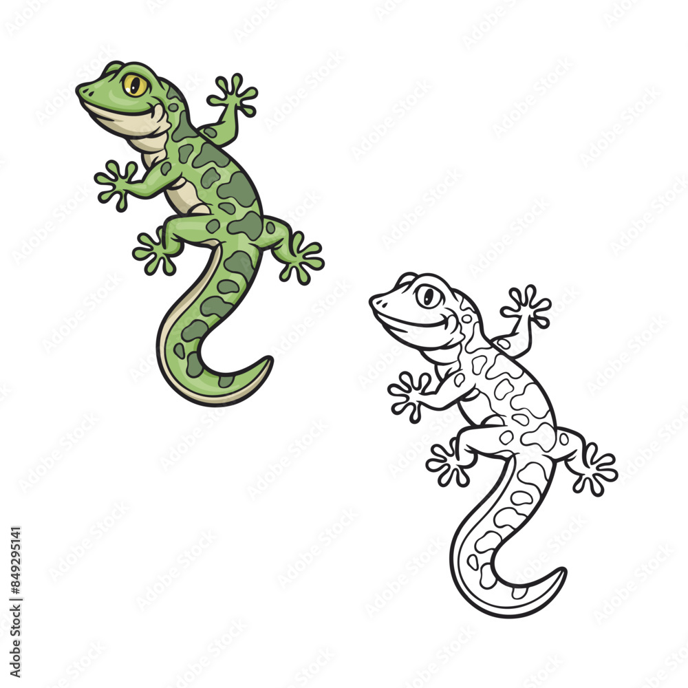 Cartoon gecko drawing with line art style. Simple design outline style ...