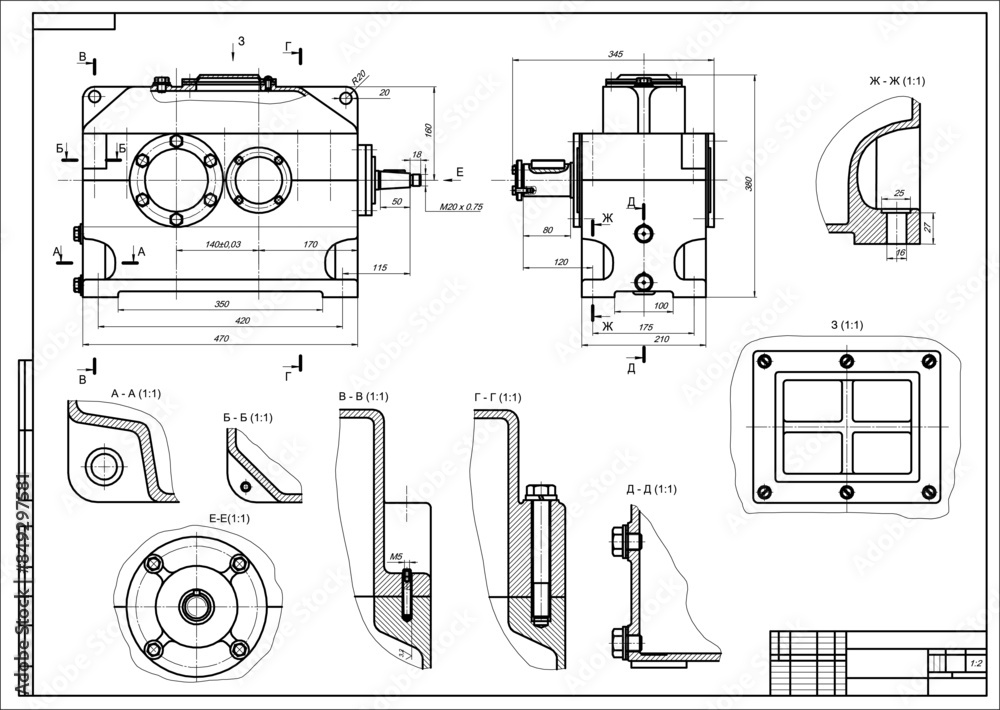 Vetor Assembly drawing of reducer. Vector drawing of steel mechanical ...